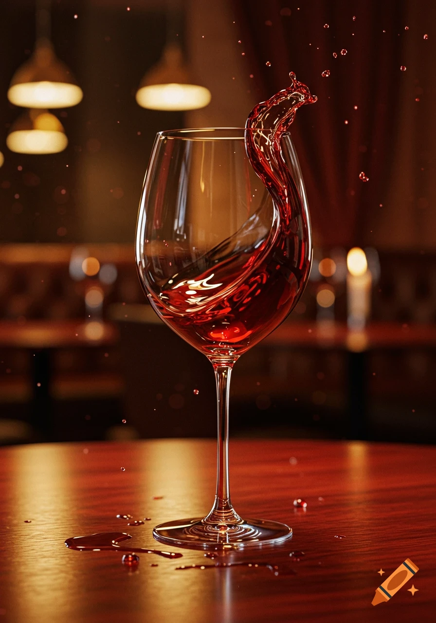 A broken wine glass spills red wine onto a wooden table, with wine ...