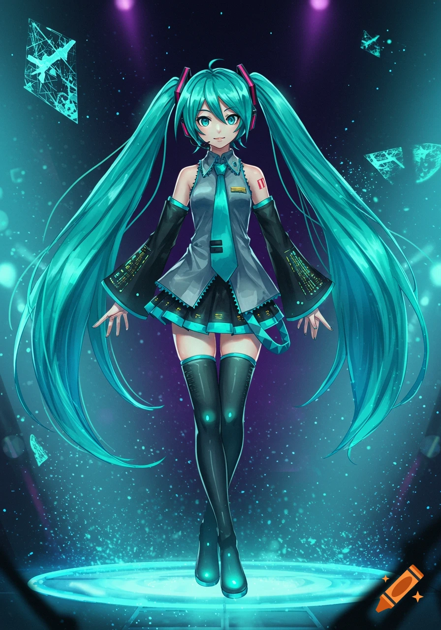 A full-body anime illustration of Hatsune Miku with long teal pigtails ...