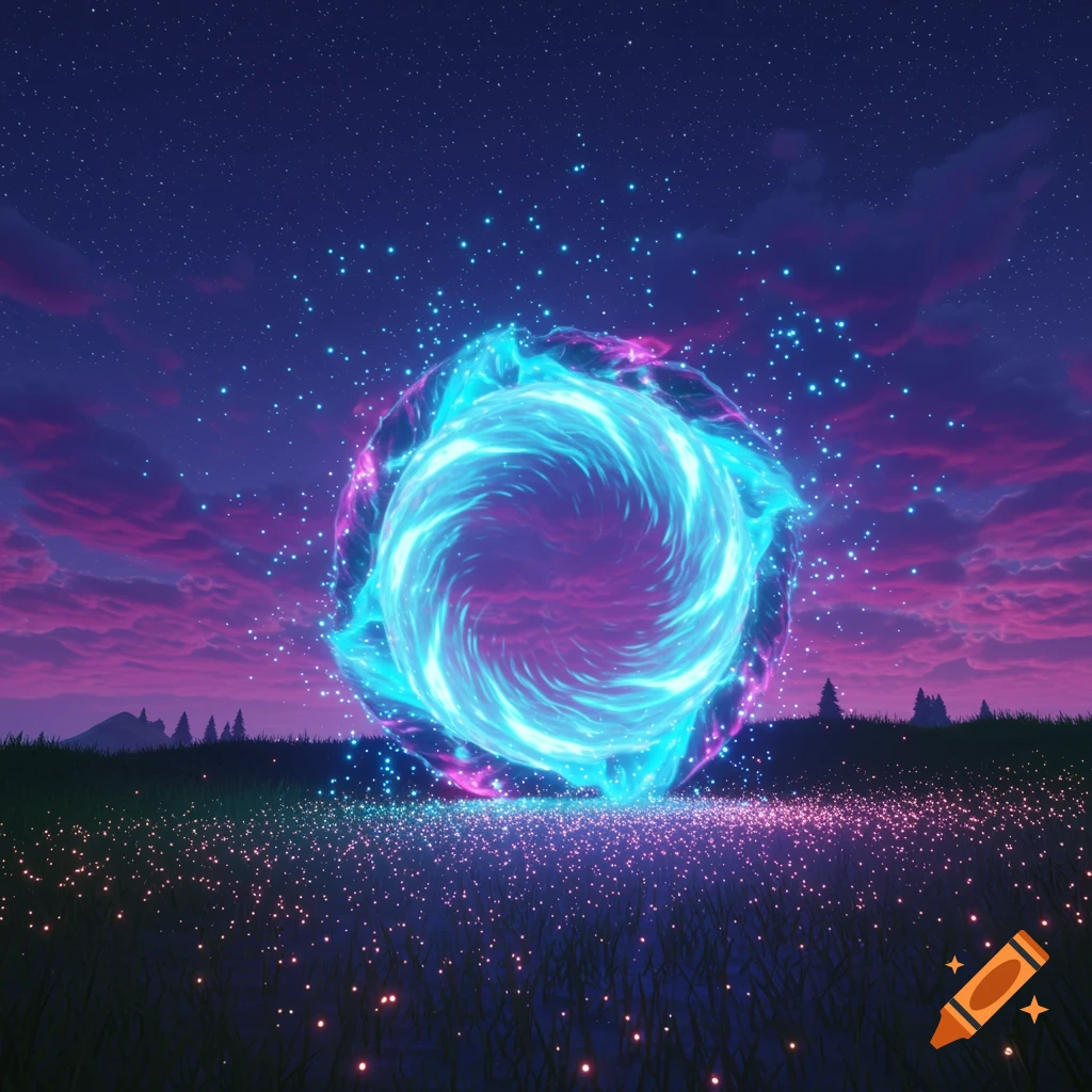 A vibrant blue and purple energy portal glows in a dark field under a ...