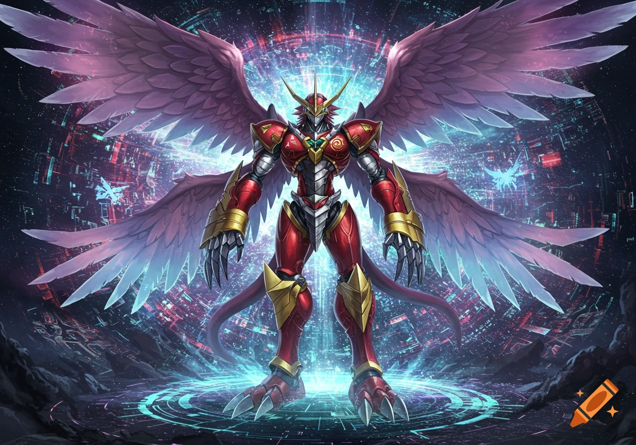 A powerful red and gold armored Digimon with large purple wings stands ...