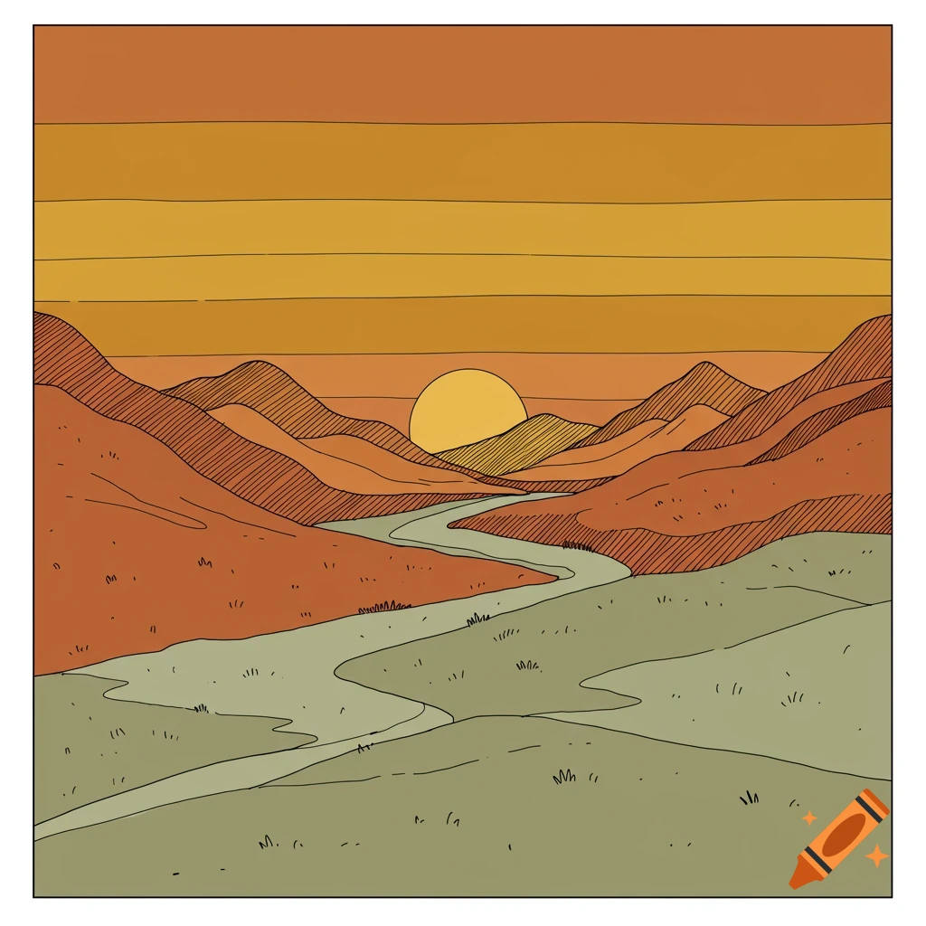 A pen illustration of a sunset over a mountain valley with a winding ...