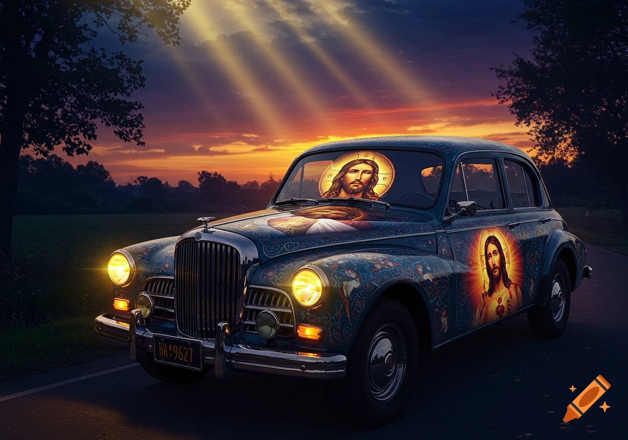 An old-fashioned car adorned with images of Jesus is parked on a road ...