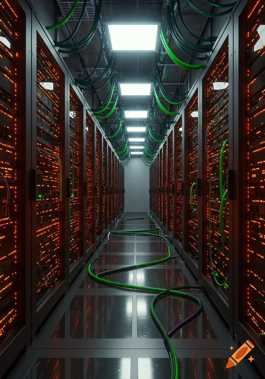 A sleek silver and black server rack unit with glowing green and purple ...