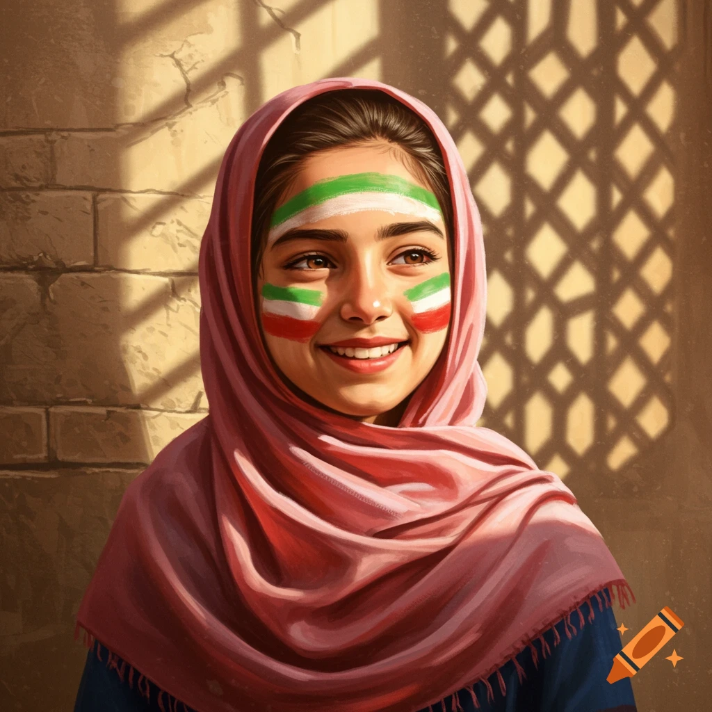 A smiling girl wearing a pink hijab with the Iranian flag painted on ...