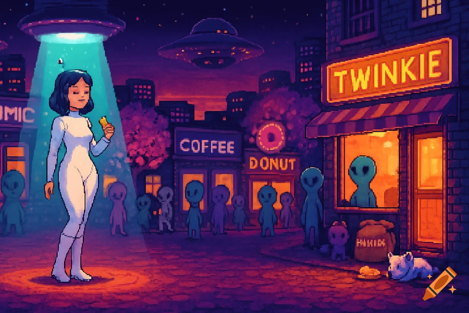 Pixel art scene of a woman in a white bodysuit holding a Twinkie, standing in a UFO beam on a ...