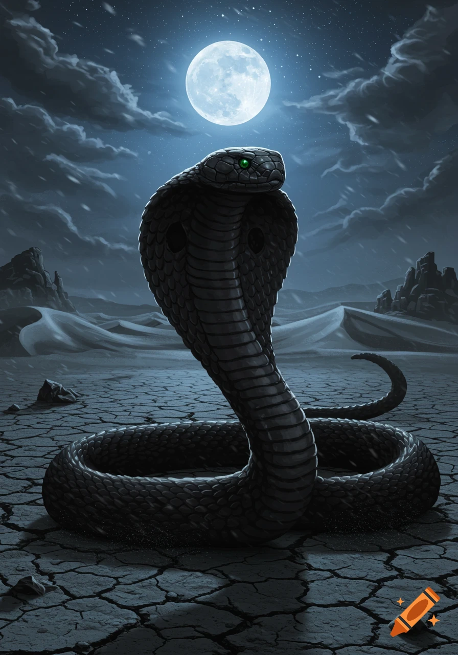 A large, dark mythical creature with glowing green eyes rises from a ...