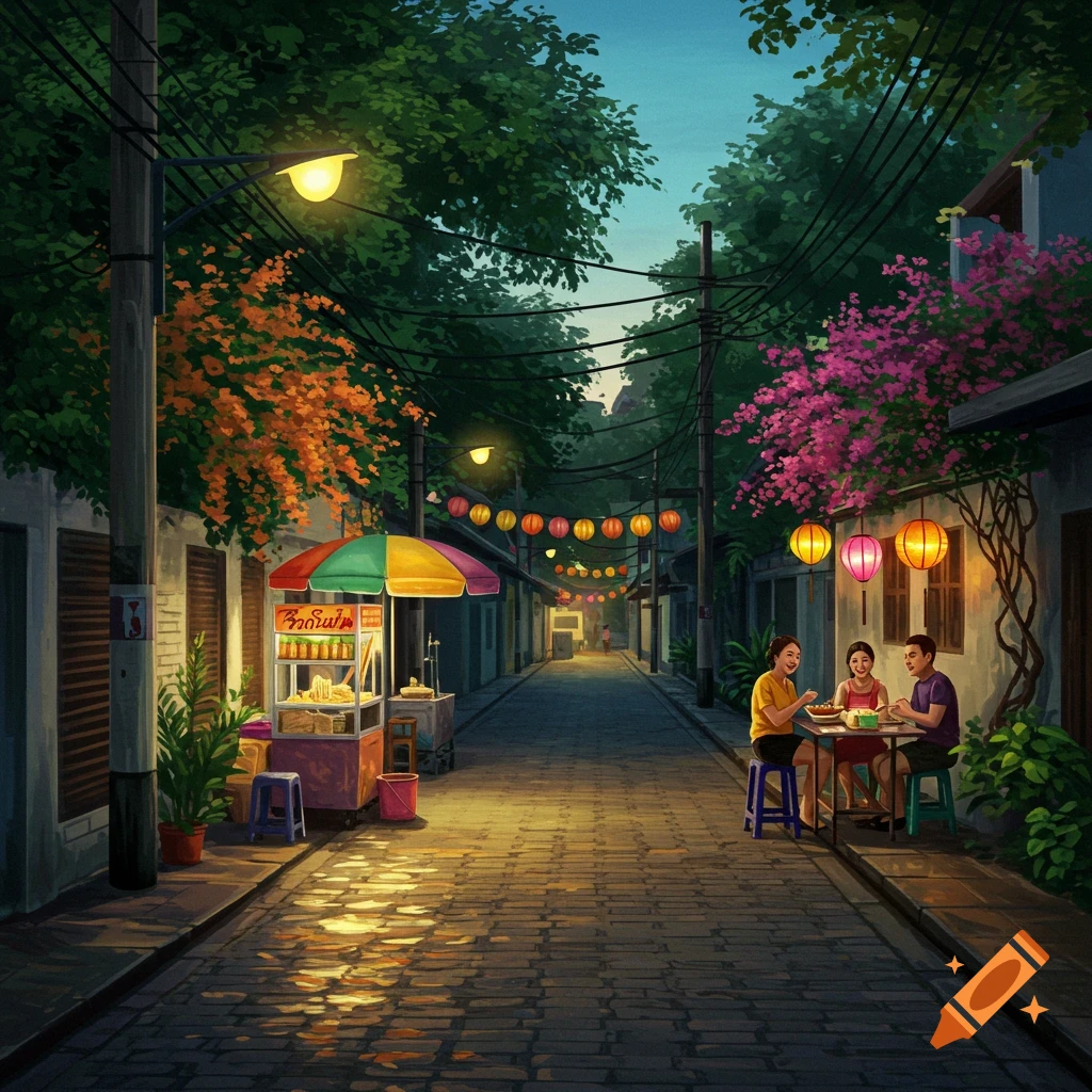 A vibrant, stylized street scene at dusk with lanterns, a food cart ...