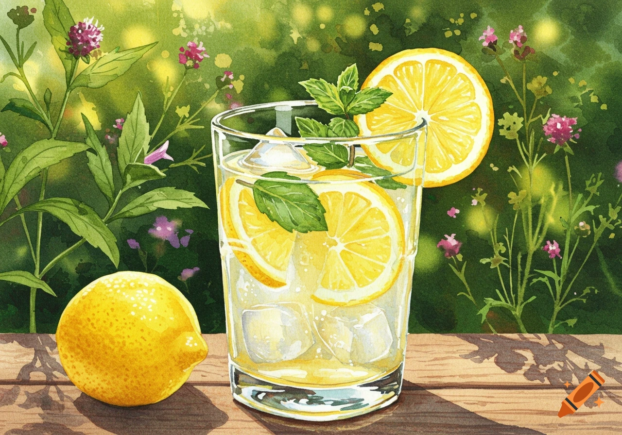 A vibrant watercolor painting of lemonade with lemon slices, mint, and ...