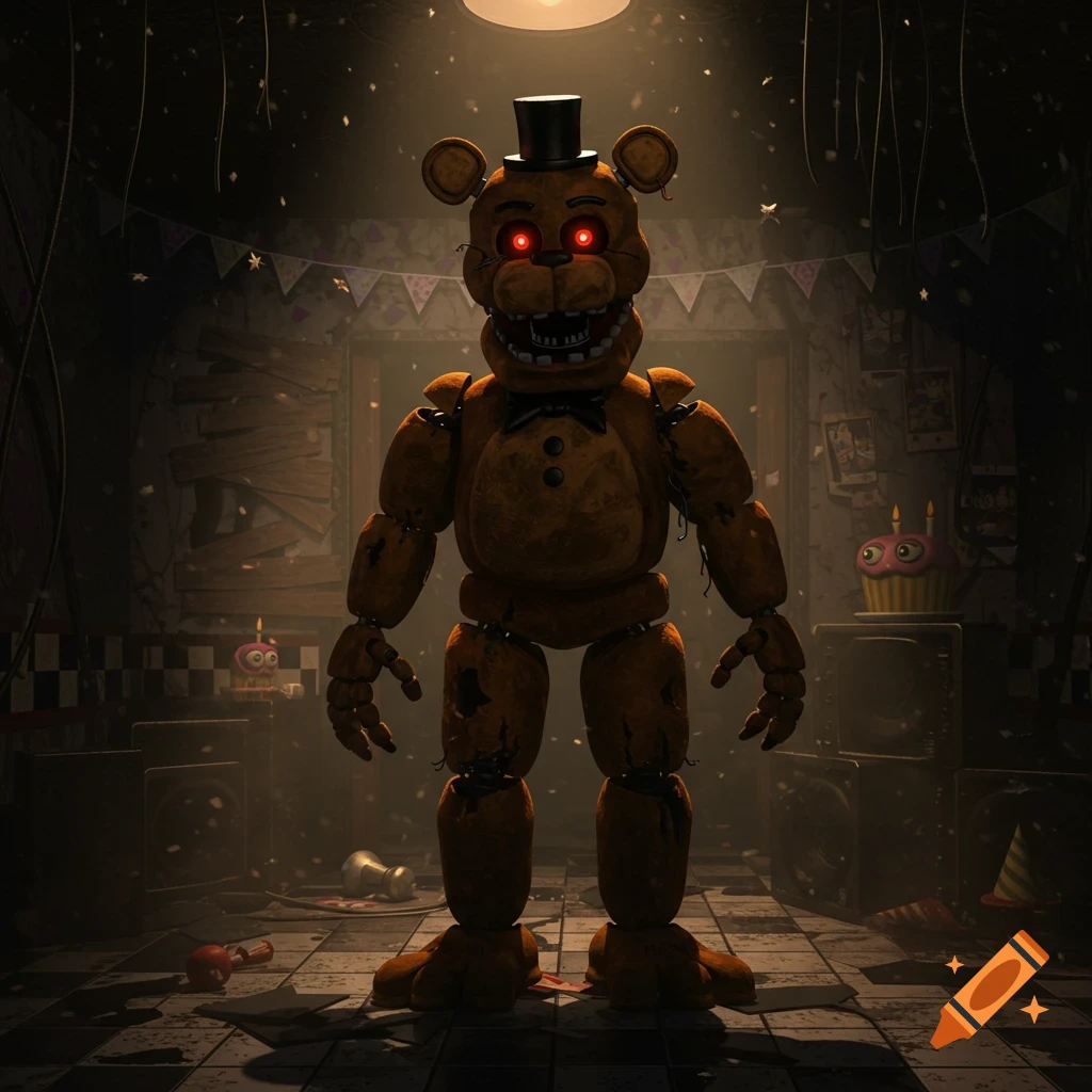 An unsettling, wire-covered animatronic with a white face and red ...