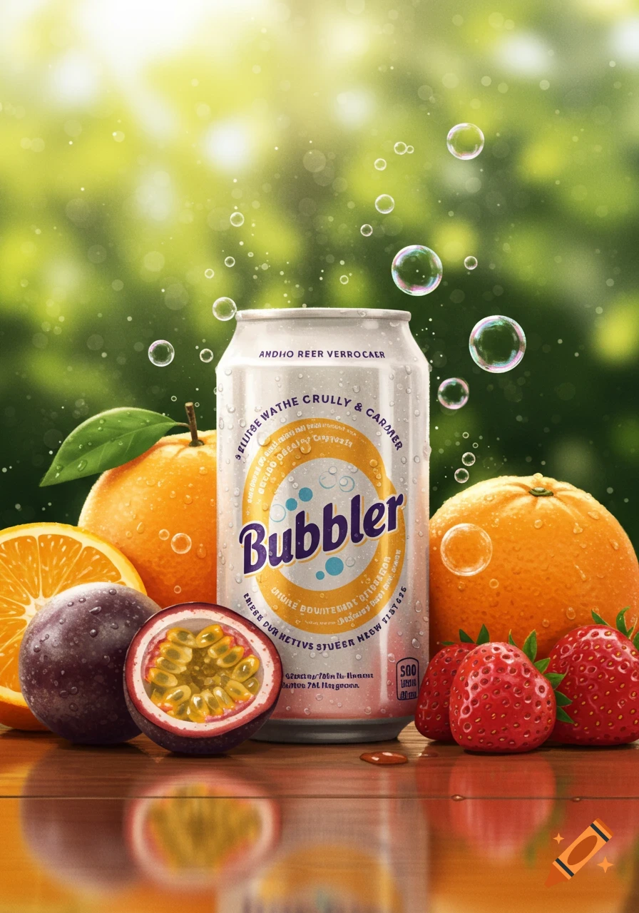 A can of "Bubbler" soda, covered in condensation, stands on a wooden ...