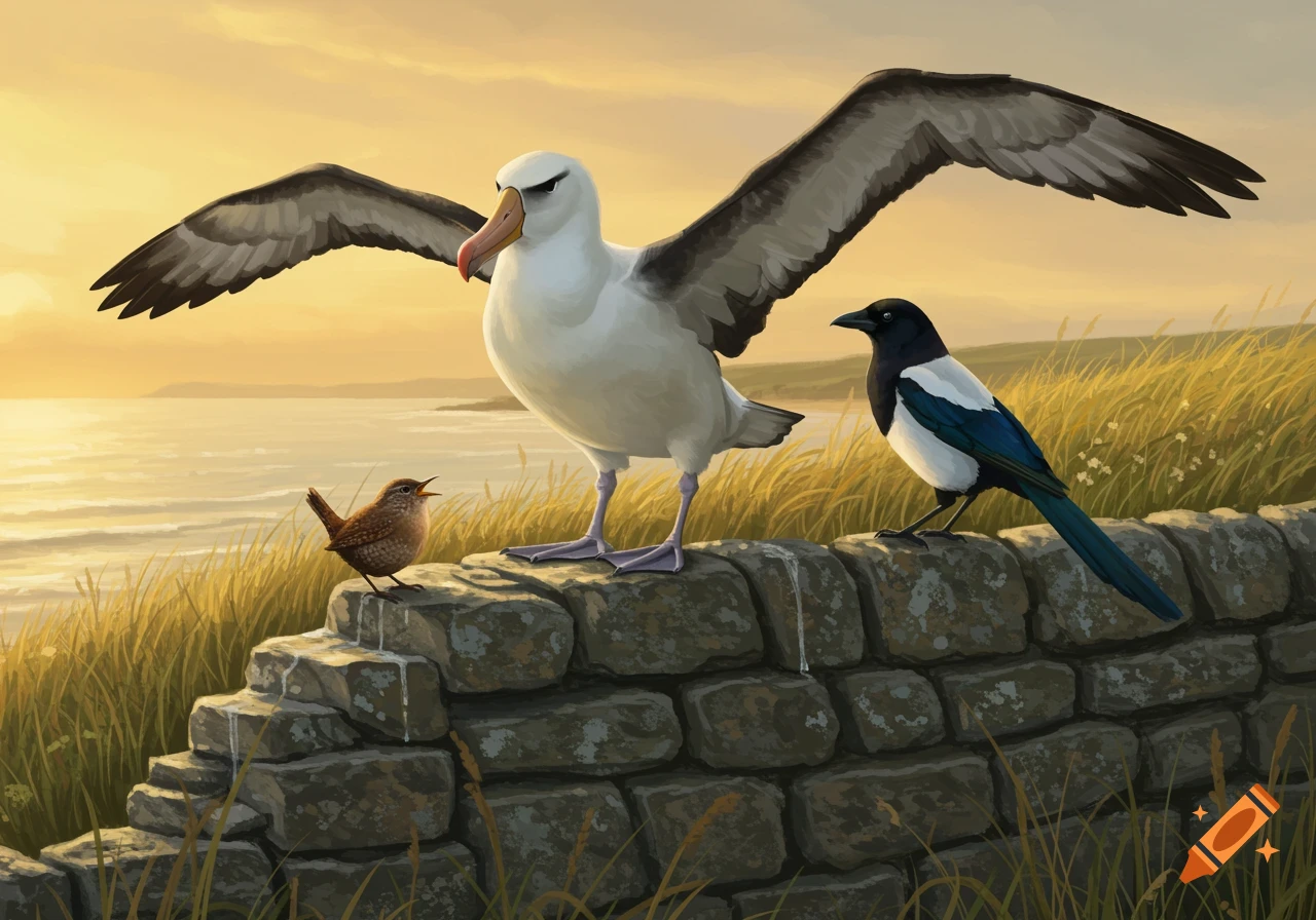 An albatross with spread wings, a wren, and a magpie on a stone wall ...