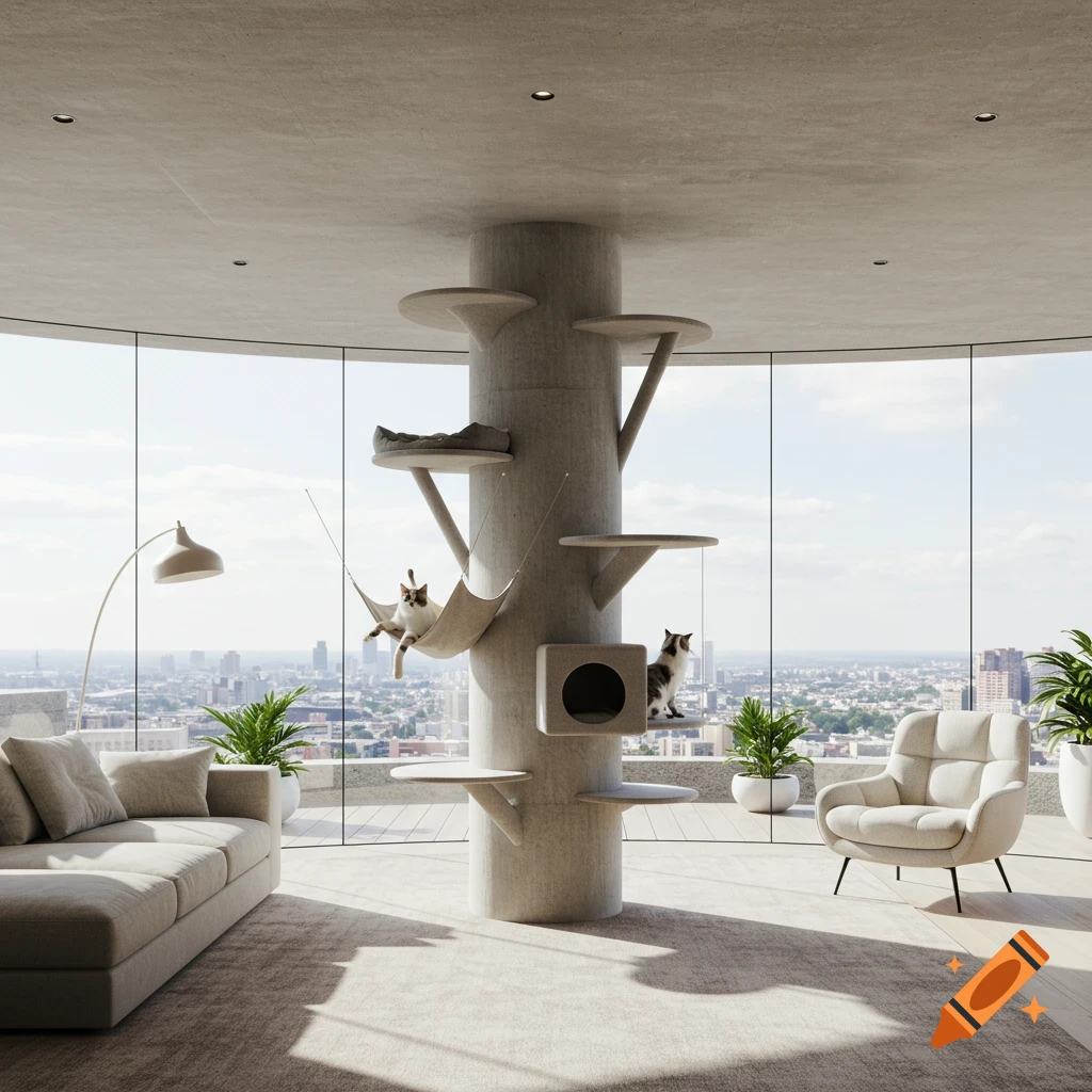Modern high-rise condo living room with a concrete cat tree and two ...