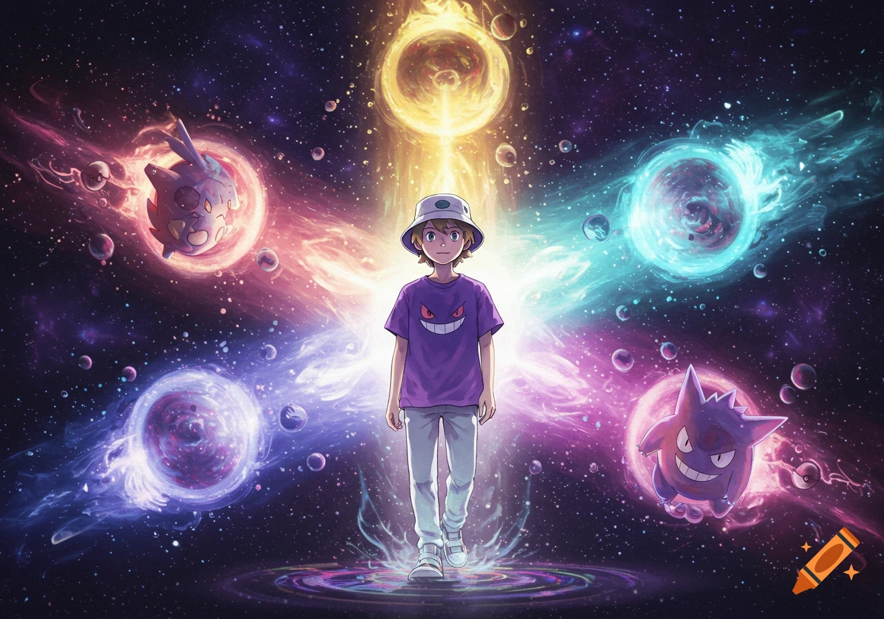 Animated boy in a Gengar shirt in space surrounded by glowing cosmic ...