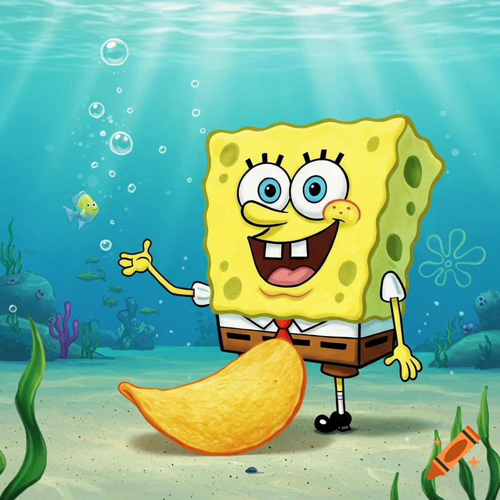 Spongebob Squarepants stands on the seabed next to a large potato chip ...
