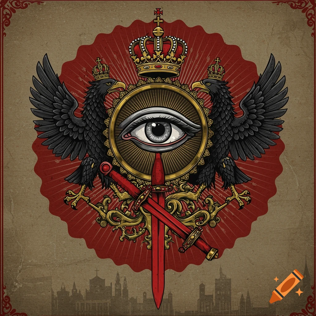A detailed red and gold heraldic emblem featuring a central all-seeing ...