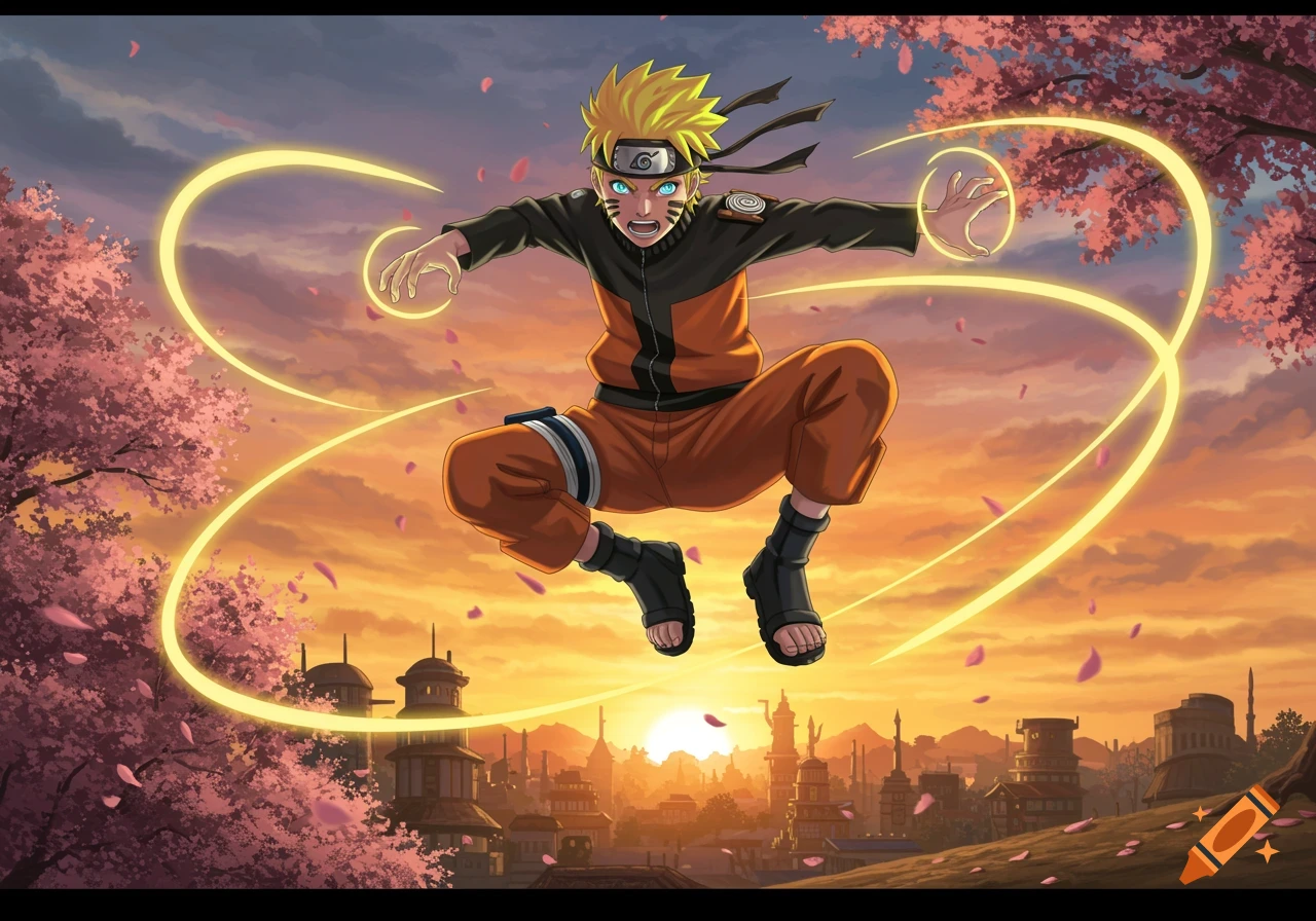 Naruto in mid-air with glowing energy, surrounded by cherry blossoms ...