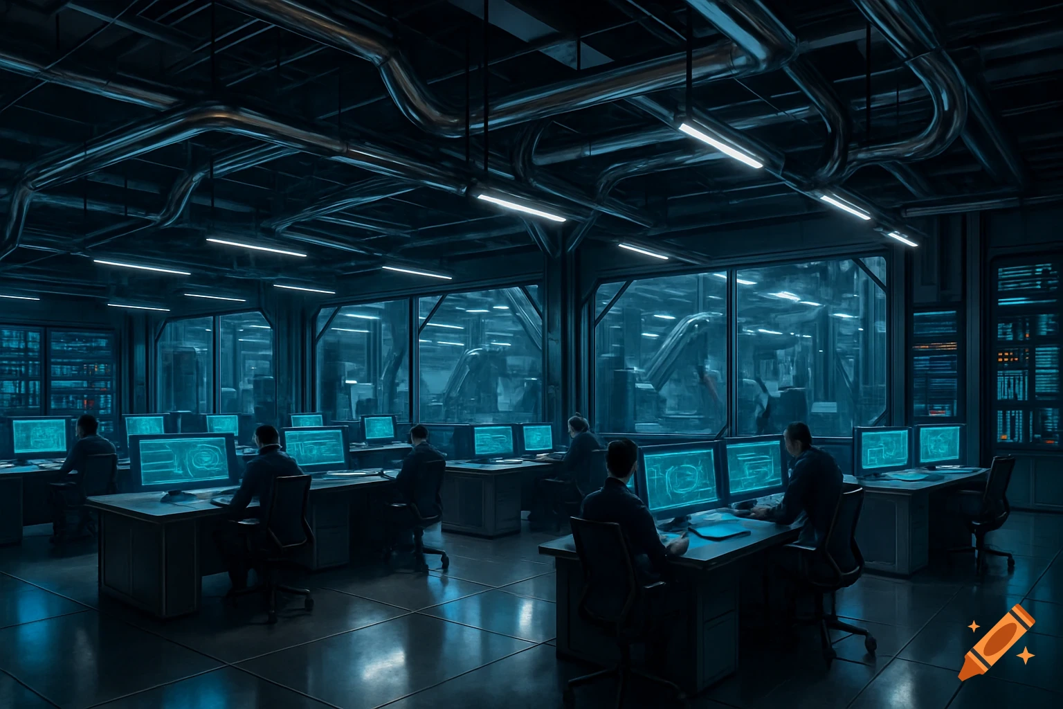 A large, glowing blue, spherical machine, resembling a master computer, connected by wires in a ...