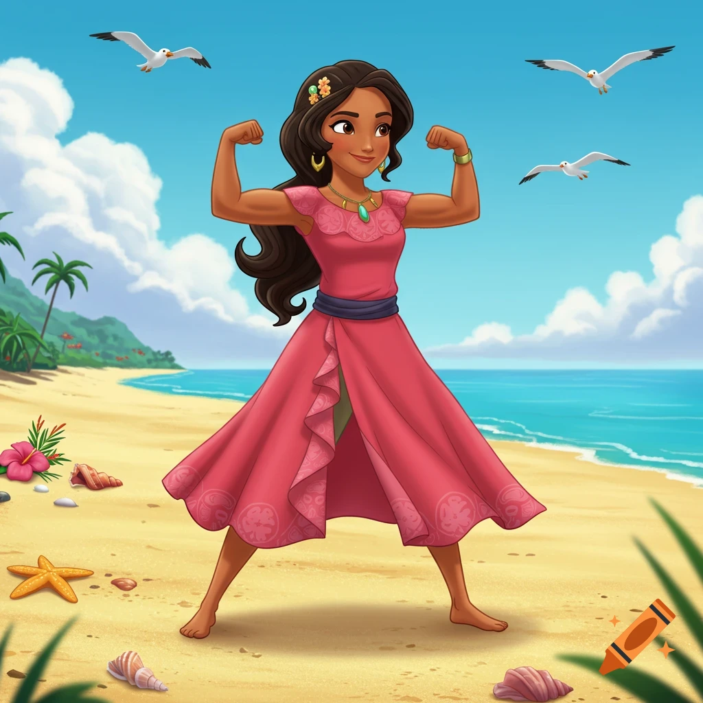Cartoon Elena of Avalor flexing muscles on a sunny beach with seagulls ...