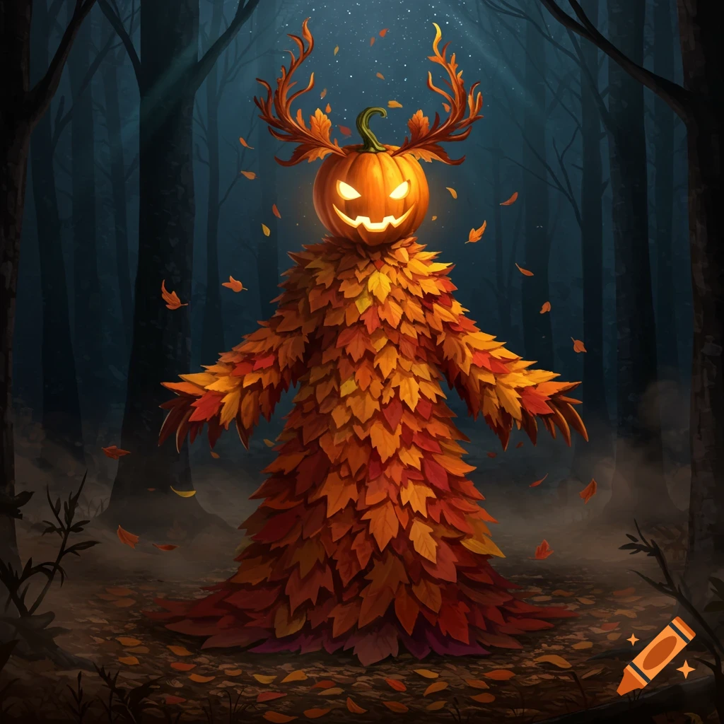 A glowing jack-o'-lantern with carved runes sits on autumn leaves in a ...
