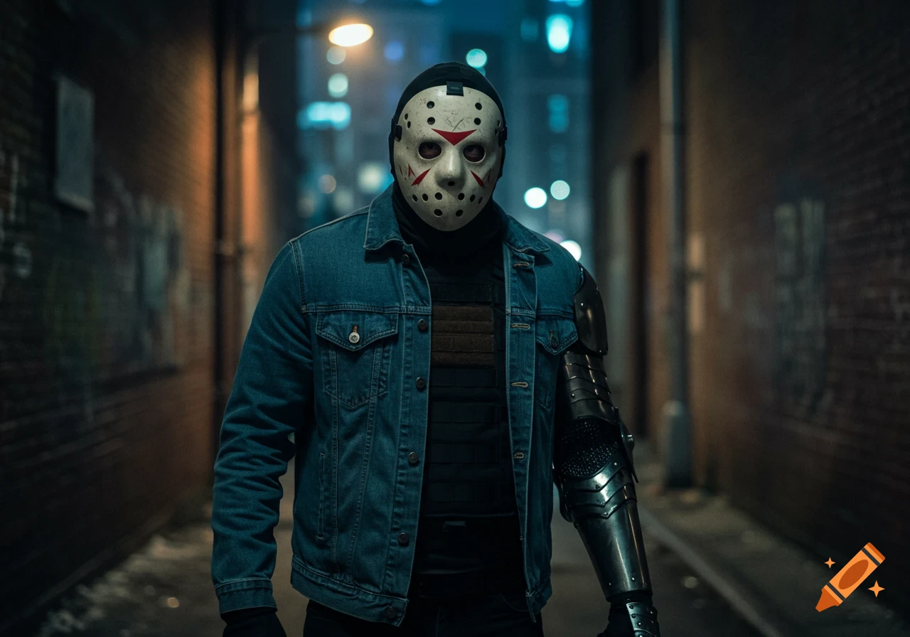 A vigilante in a denim jacket, white hockey mask, and silver knight ...