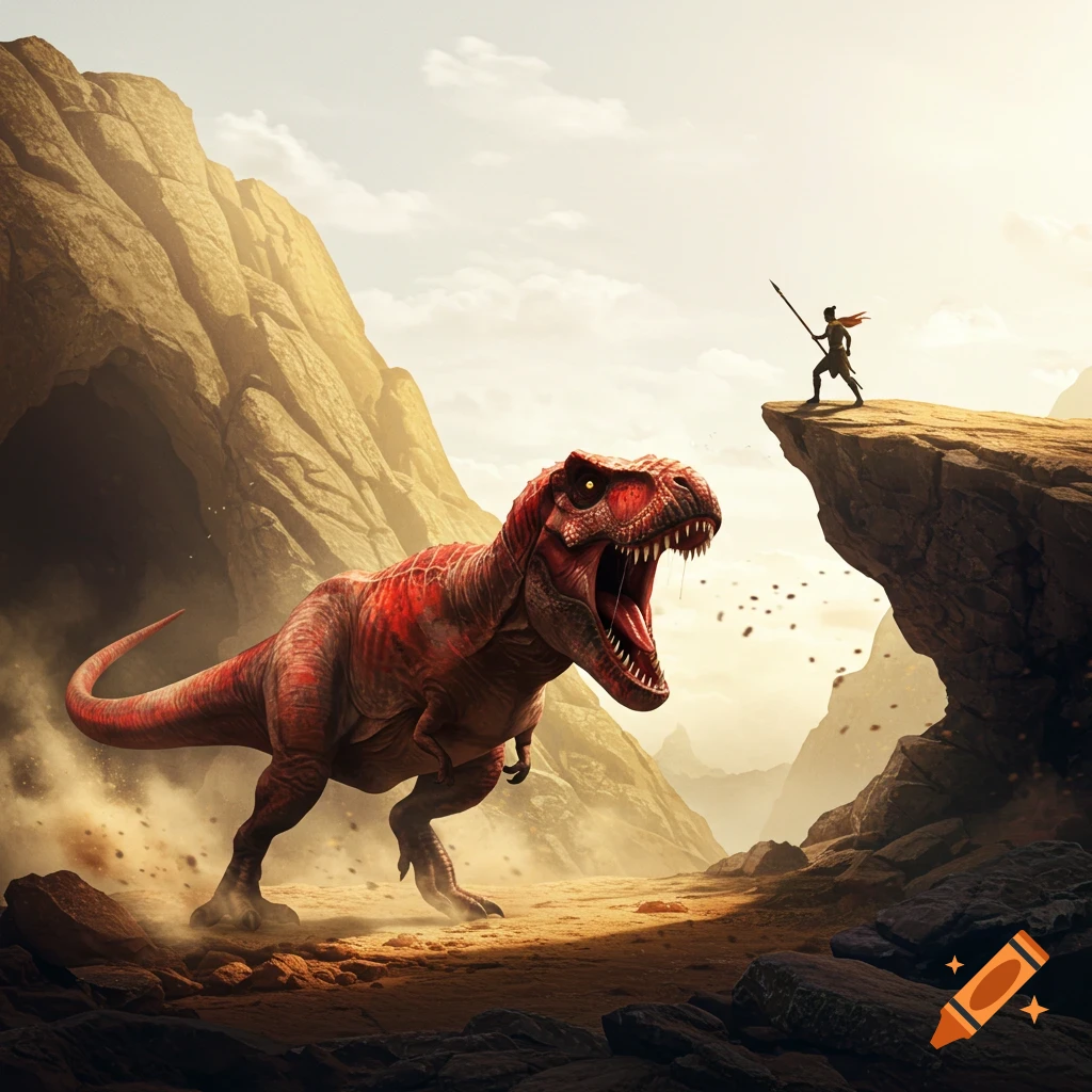A giant red T-rex with an open mouth roars at a person holding a spear ...