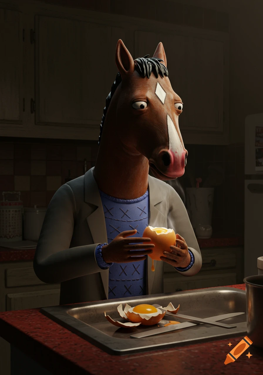 Bojack Horseman in a hyper-realistic style cracking a boiled egg over a ...