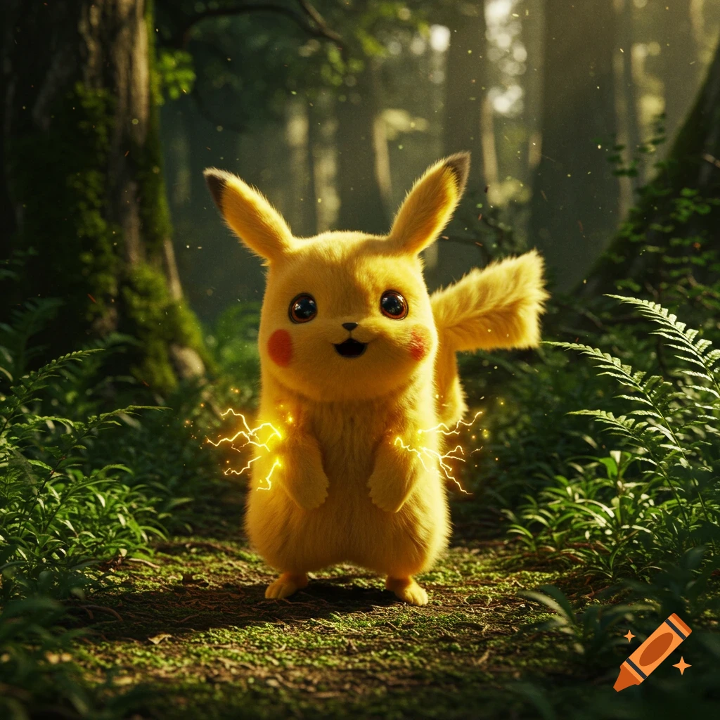 Photorealistic Pikachu standing in a forest, generating yellow sparks ...