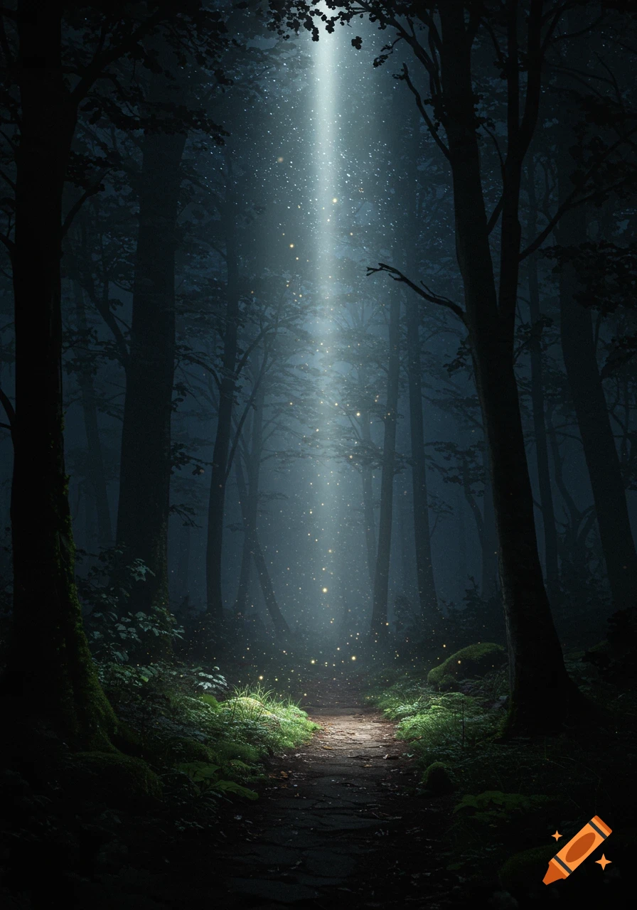 A mystical forest path illuminated by a strong beam of light filtering through the trees, with ...