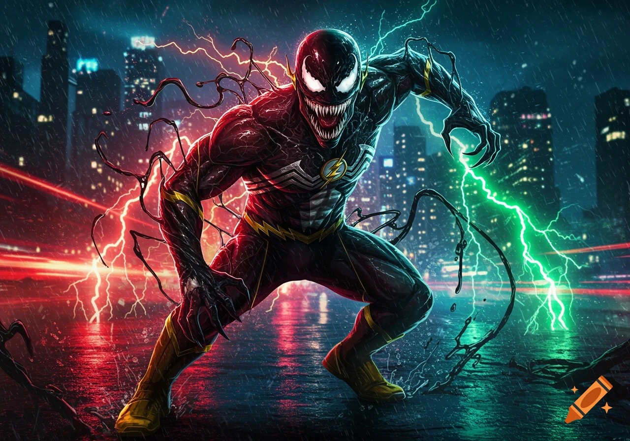 Dynamic illustration of a Flash and Venom fusion character in a rainy ...