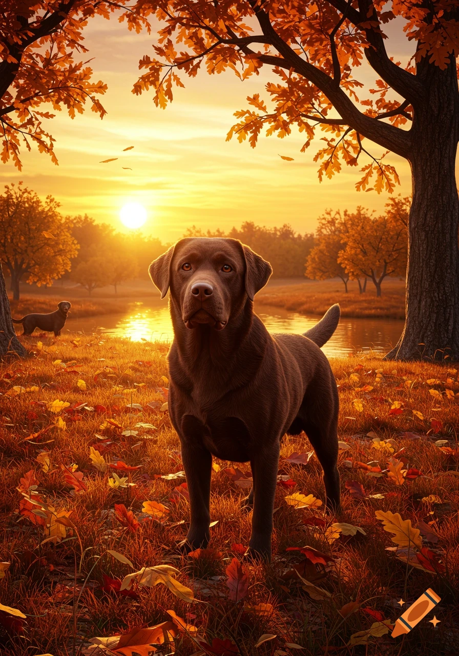 A photorealistic chocolate Labrador dog sits attentively in a misty ...