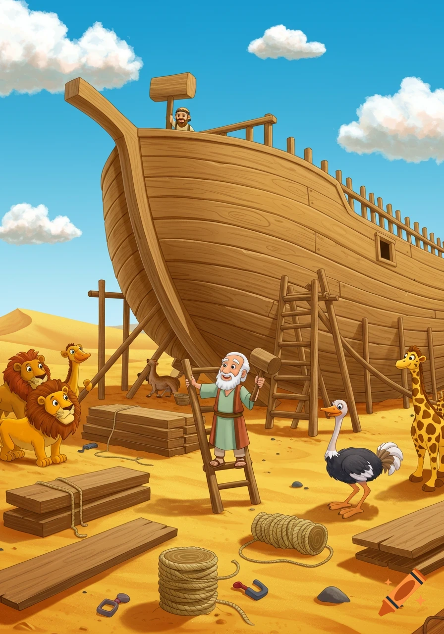 Cartoon illustration of Noah on his ark, surrounded by various smiling ...