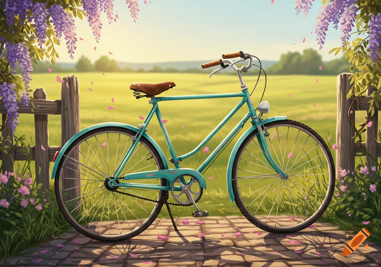 A teal vintage bicycle parked on a stone path next to a wooden fence ...