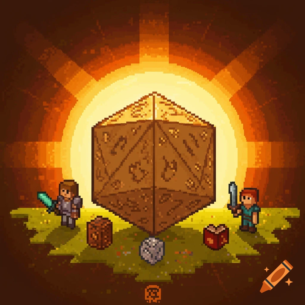 Pixel art scene with two adventurers, a large D20 die, and smaller game ...
