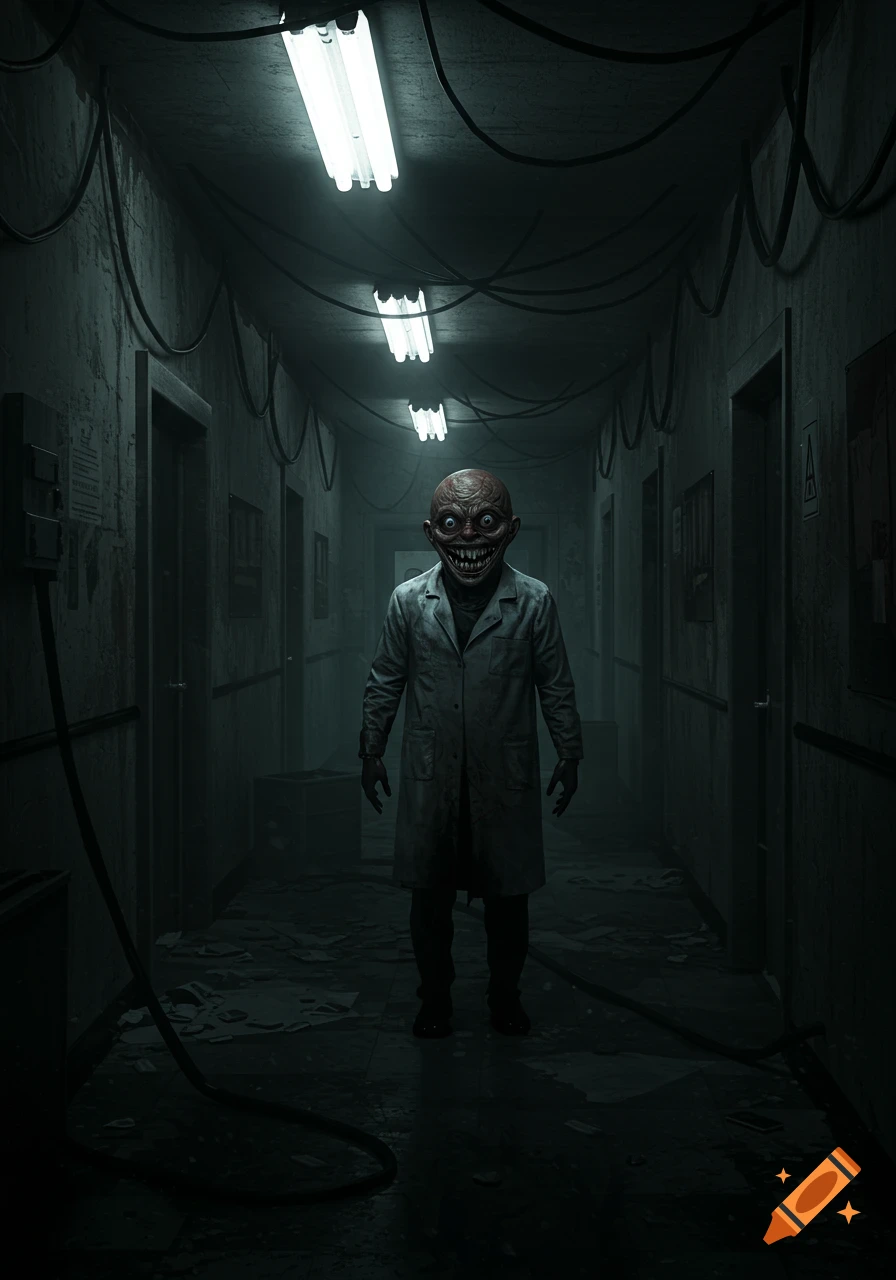 Stylized horror art of a mad scientist in a dark "HORROR LAB" with ...