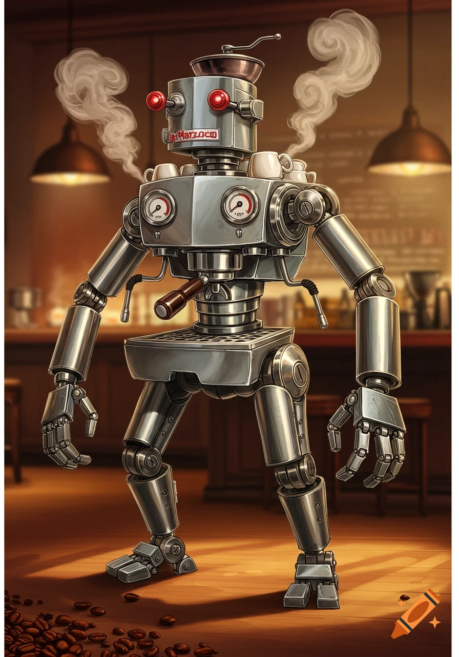 A cute, friendly robot with large orange eyes stands in a lush green ...