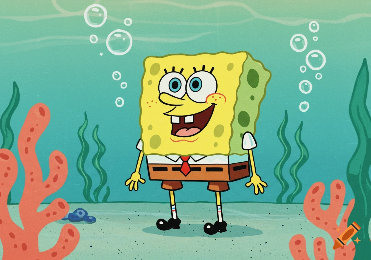 Spongebob Squarepants smiles widely in front of his pineapple house on ...