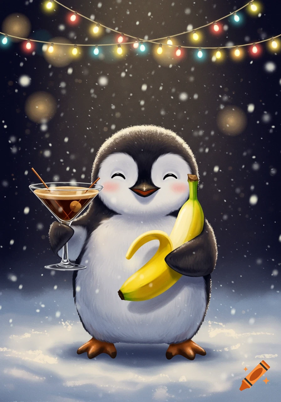 A smiling golden penguin holds a bowl of berries in front of a neon ...