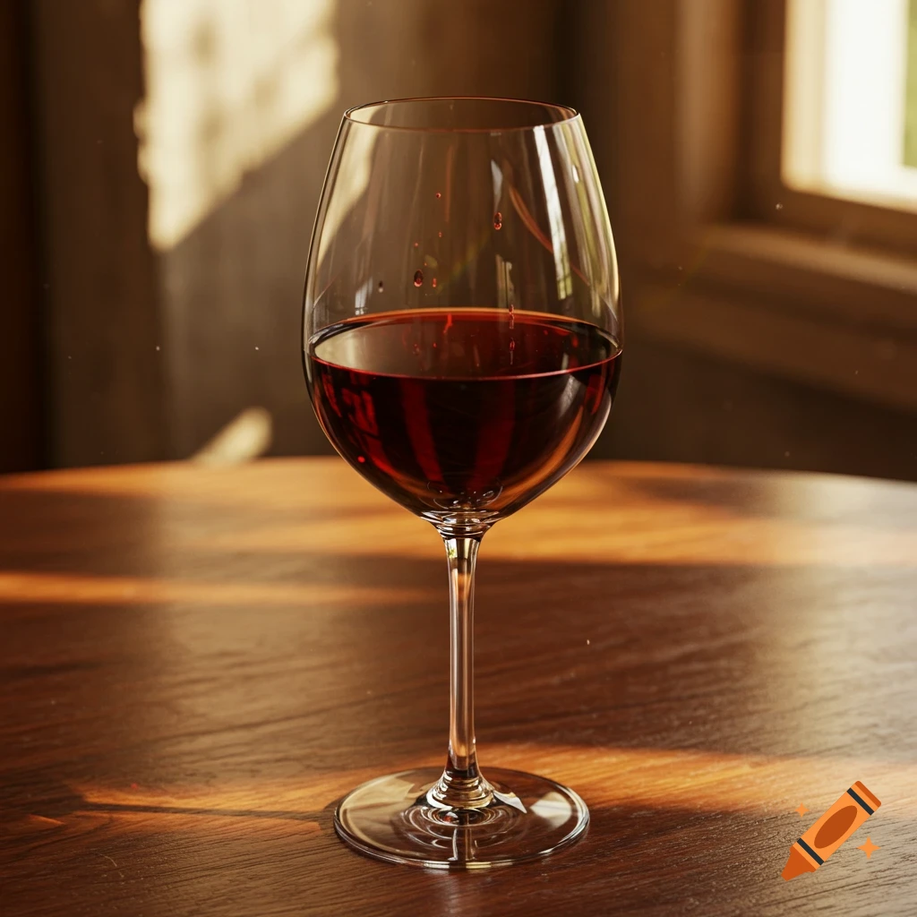 A photorealistic image of a wine glass filled with red wine on a wooden table, lit by sunlight ...