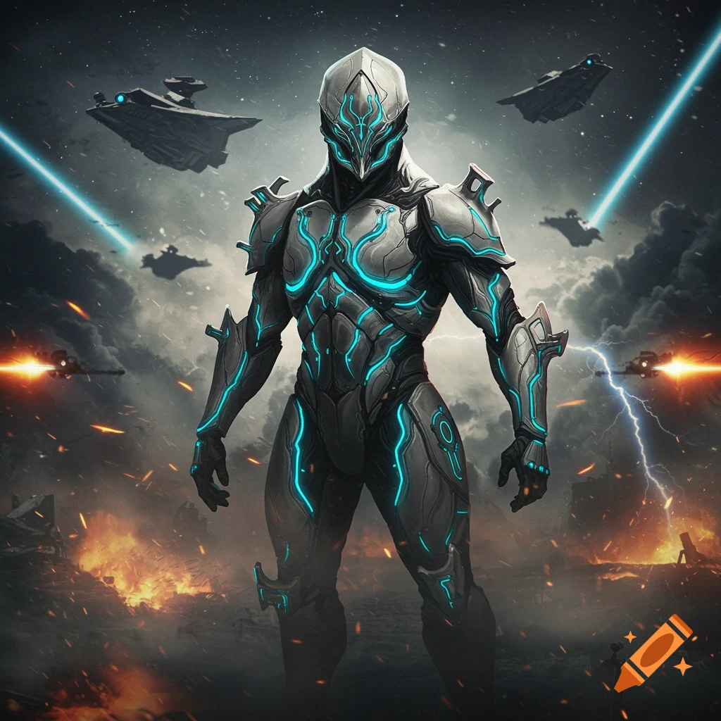 A futuristic soldier in gray and blue armor holding a rifle stands in a ...