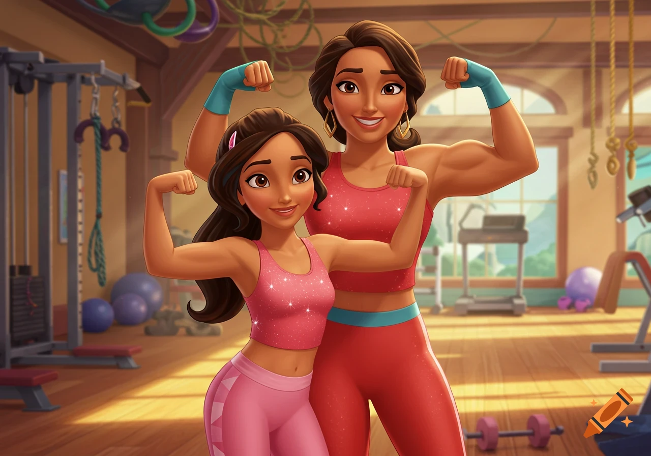 Cartoon of a mother and daughter flexing their muscles in a gym. on Craiyon