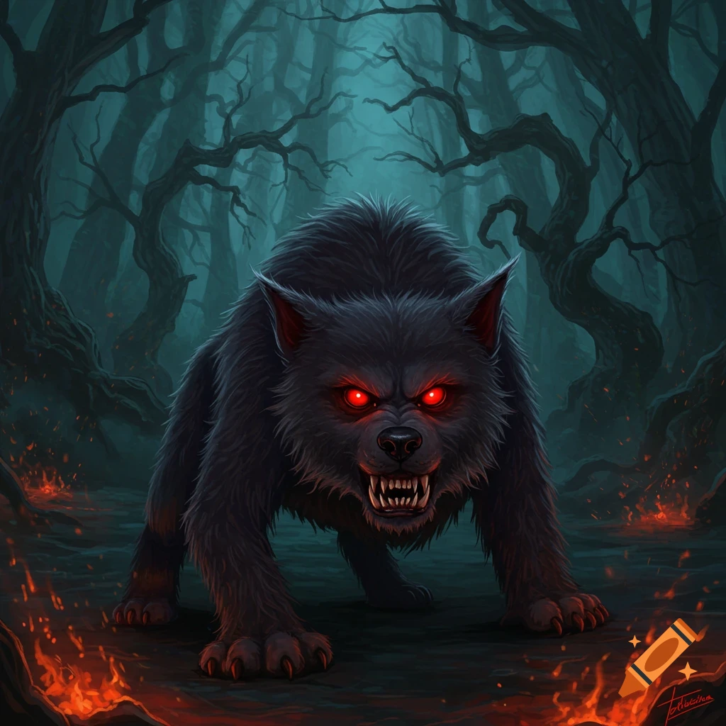 A snarling black wolf-like demon with glowing red eyes and sharp fangs stands in a dark, eerie ...