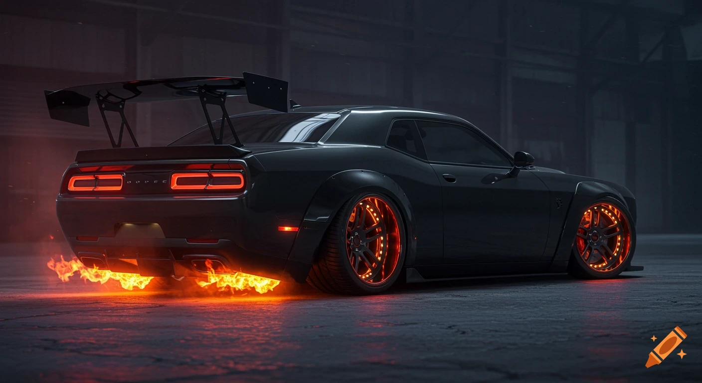 Dark custom widebody Dodge Challenger with a large rear spoiler ...