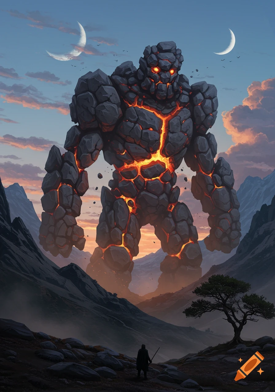 A gigantic, angry rock monster with glowing red eyes devours a smaller ...