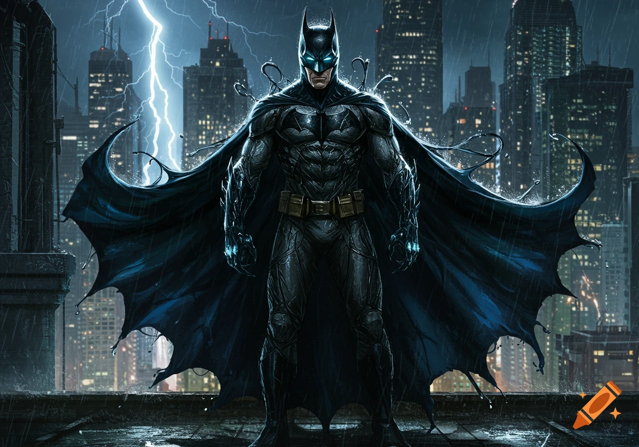 Batman stands powerfully over a dark, rainy Gotham City skyline with ...