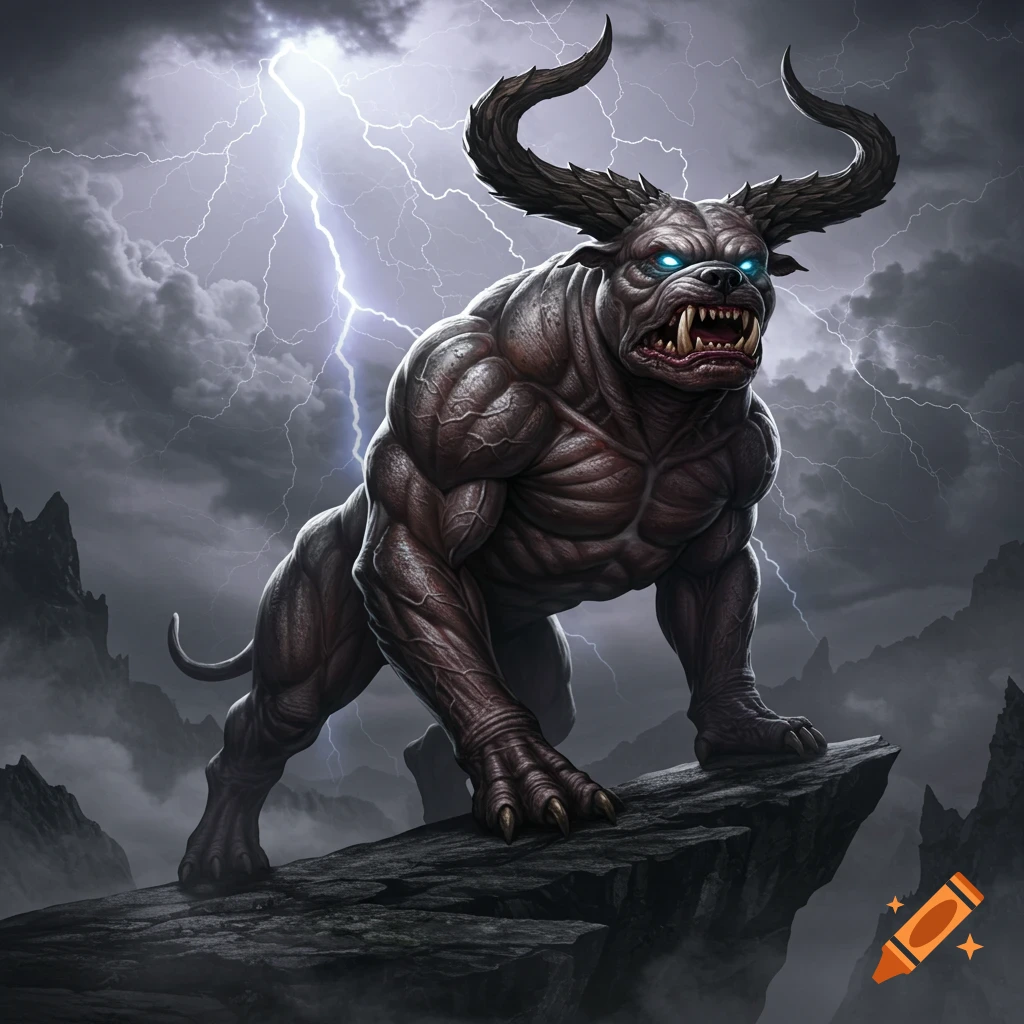 Massive fish-like creature resembling musclebound figure emerging from ...