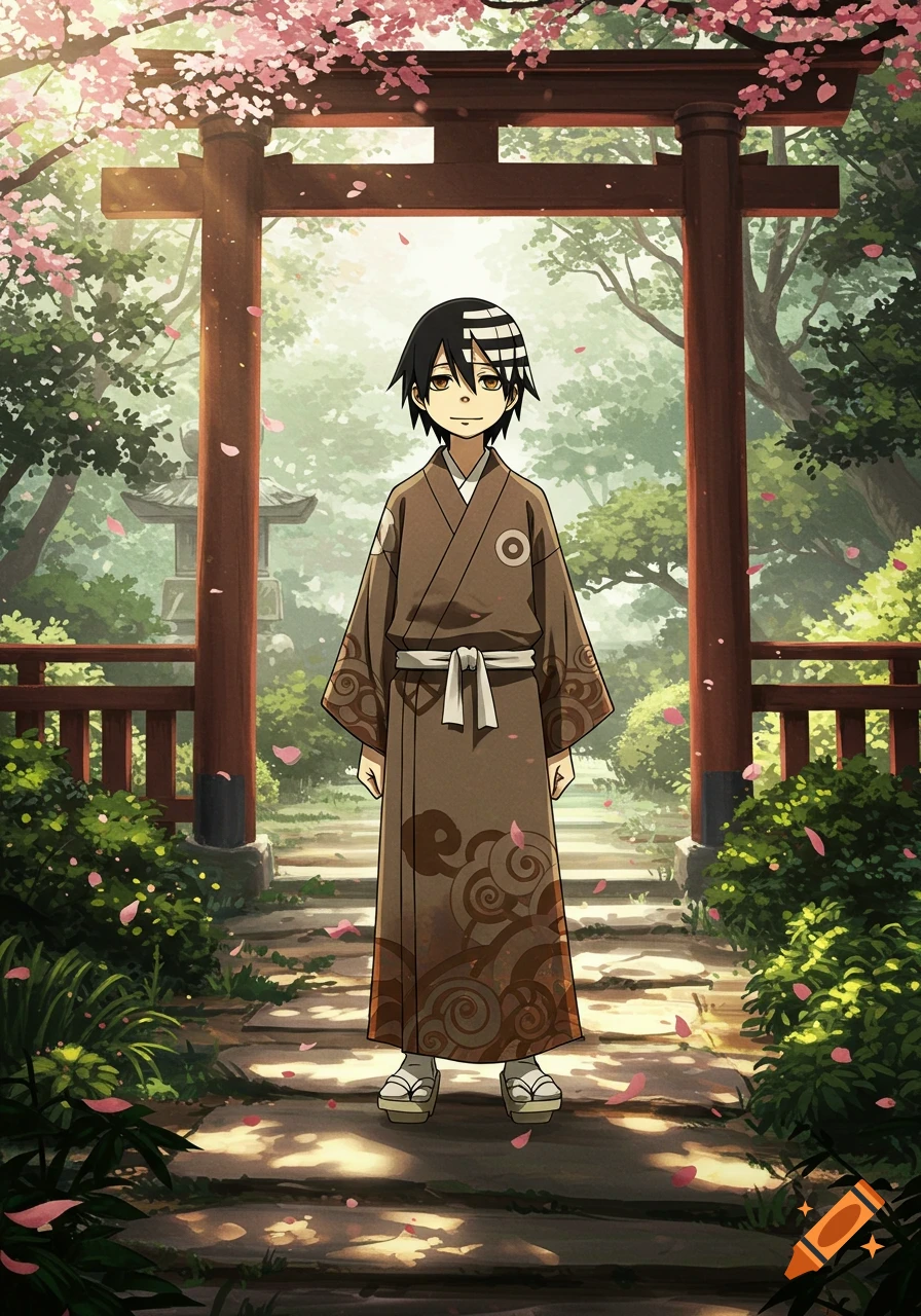 An anime boy in a brown kimono and geta sandals stands under a torii ...