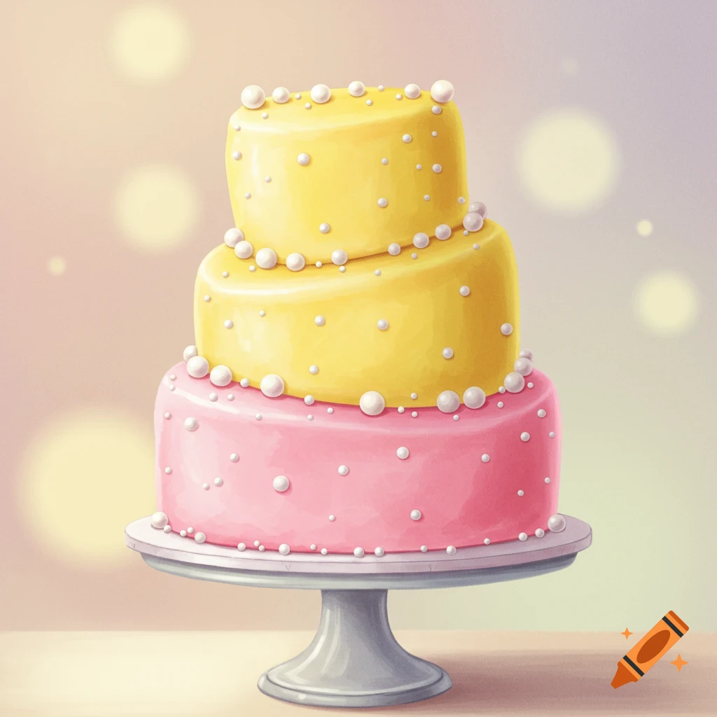 An animated three-layer cake with yellow and pink tiers, decorated with ...