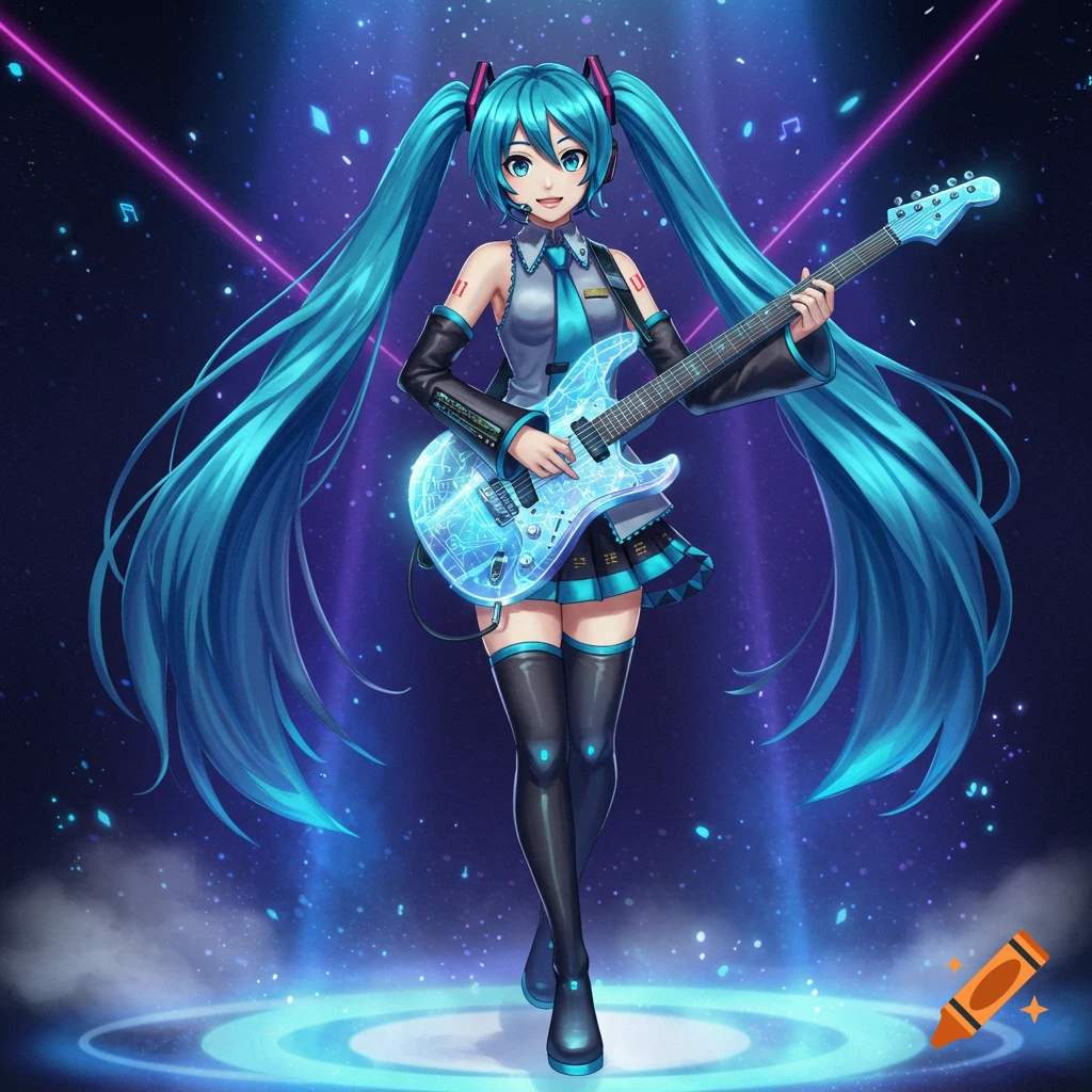 Anime illustration of Hatsune Miku with blue pigtails, holding a bow ...