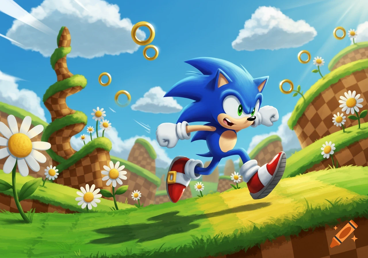 Sonic the Hedgehog runs through a vibrant, colorful landscape filled ...