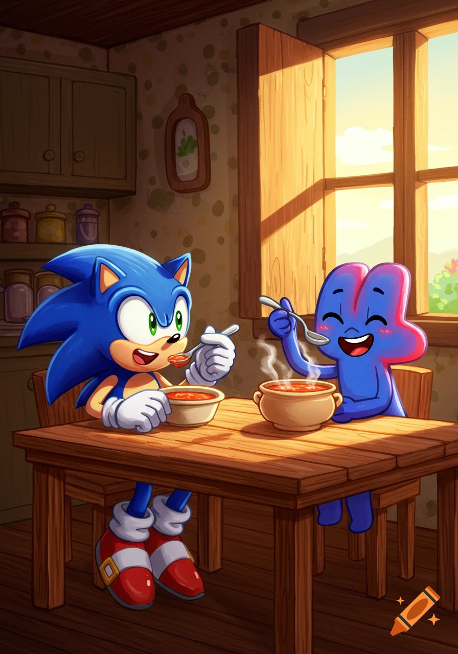 Sonic the Hedgehog and Four from BFB happily eat soup at a wooden table ...